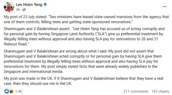 Lee Hsien Yang Says Ministers Should Sue Him In The UK As Post Was Made ...