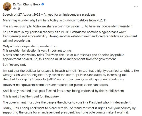 Tan Cheng Bock Says He Endorses Tan Kin Lian Because He Wants Truly ...