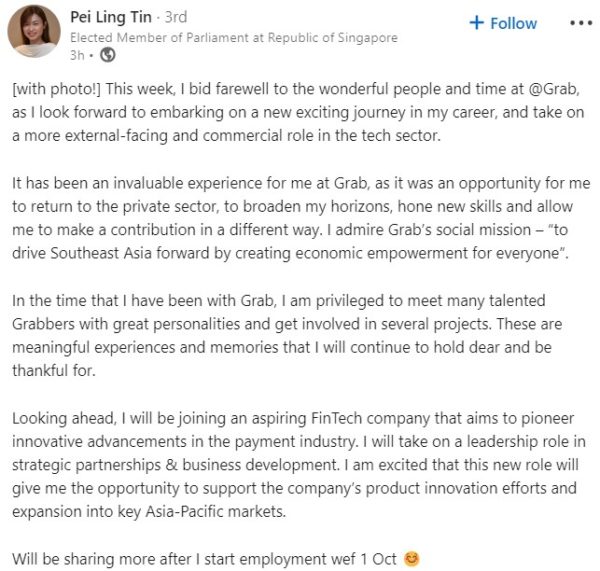 Tin Pei Ling Quits Role At Grab S'pore, Announces Move To Fintech Company