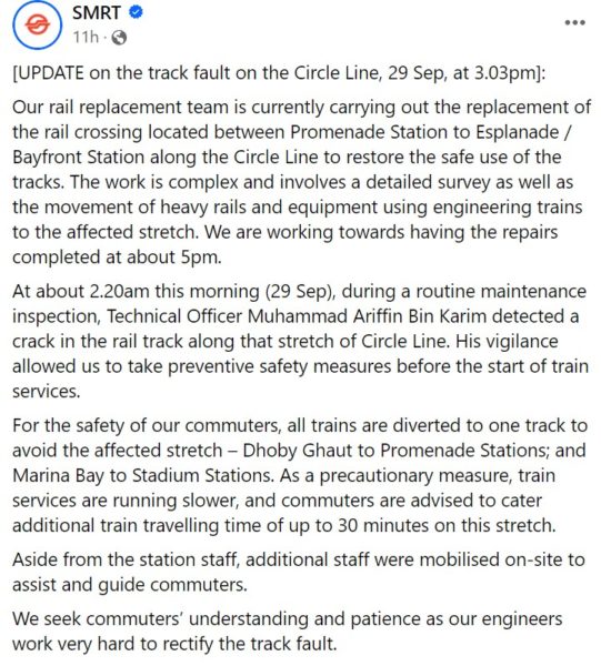 Circle Line MRT Services Delayed Due To Track Fault, Up To 30 Mins ...