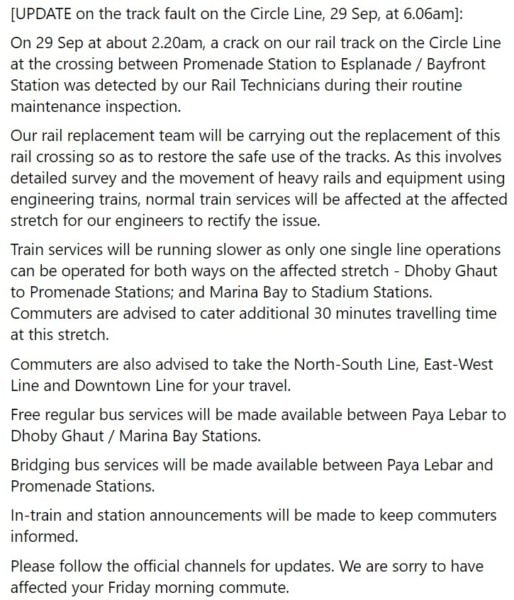 Circle Line MRT Services Delayed Due To Track Fault, Up To 30 Mins ...
