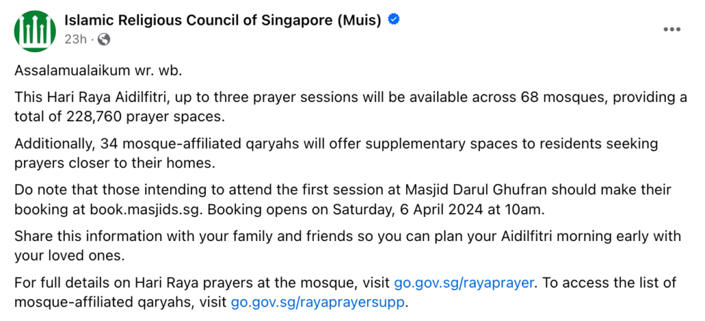 49 mosques in S'pore will conduct at least 2 prayer sessions on Hari Raya