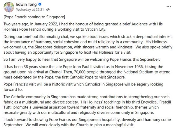 Edwin Tong ‘very happy’ to hear of Pope Francis’ visit, aims to show S ...