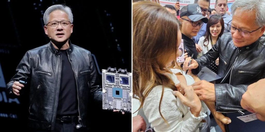 Nvidia CEO Jensen Huang signs woman’s chest at tech expo in Taiwan