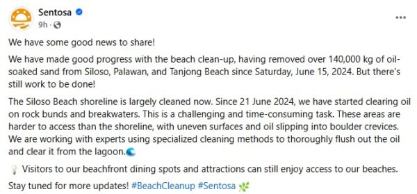 Sentosa oil spill clean-up making good progress, Siloso Beach shoreline ...