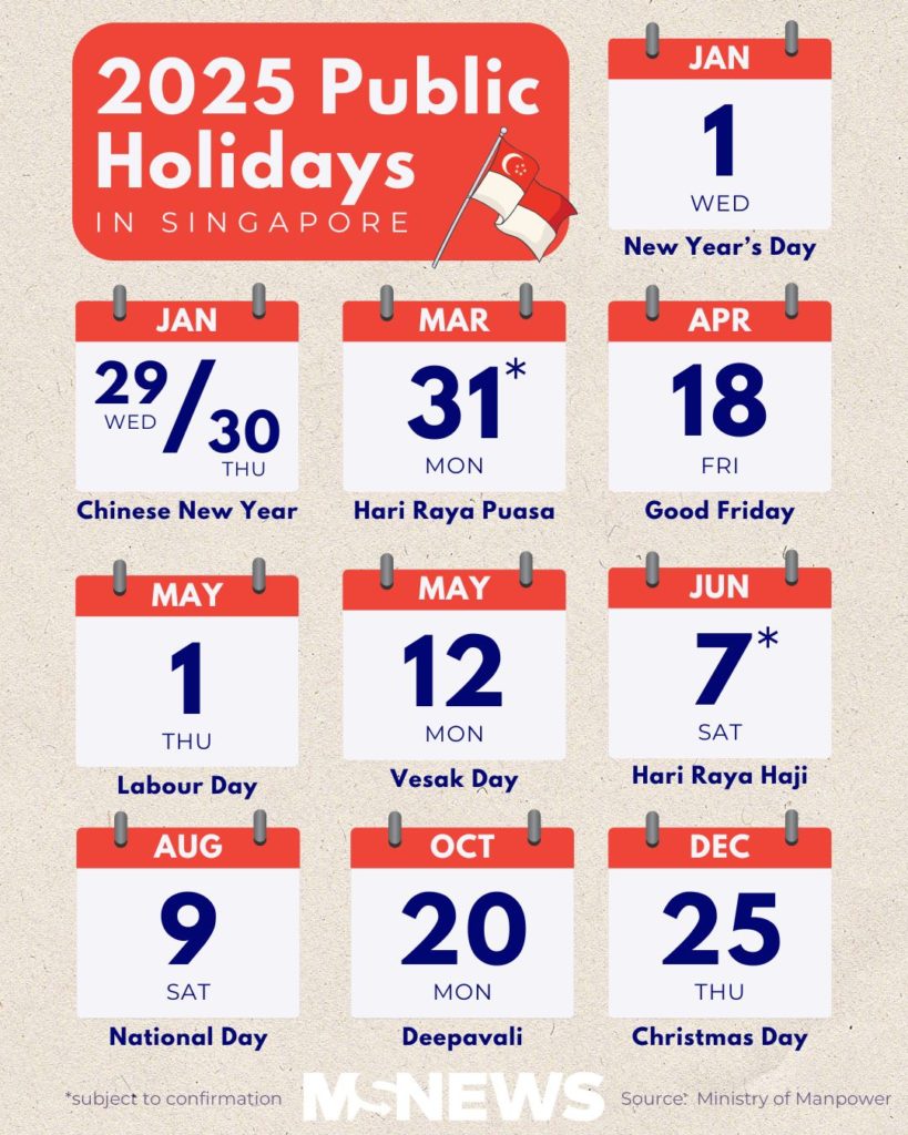 MOM releases list of 2025 public holidays in S'pore, at least 4 long ...