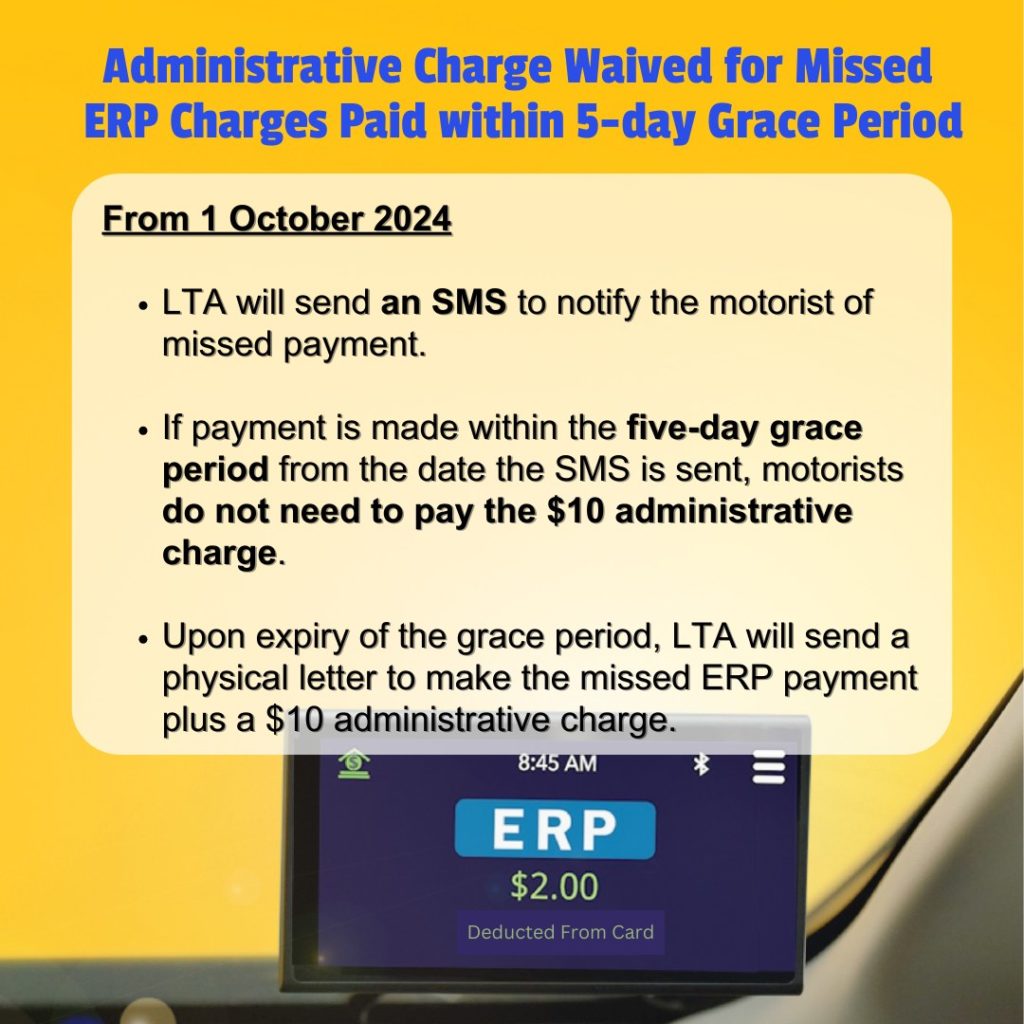 LTA to waive S$10 admin fee for missed ERP payments if paid within 5 days