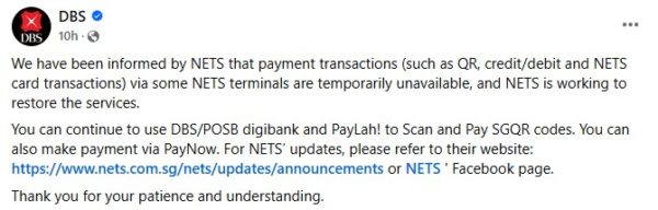 NETS services partially unavailable for more than 12 hours on 23 Sept, customers advised to use ...