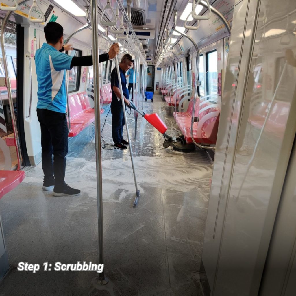 SMRT workers restore 'spotty' train flooring, surfaces are scrubbed clean