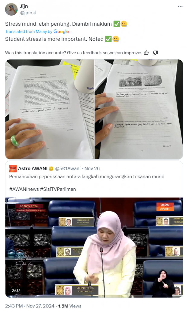 Student in Malaysia copies exam questions as answers
