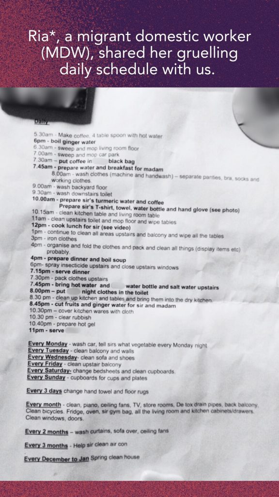 Domestic helper in S'pore shares detailed 17-hour work schedule with ...
