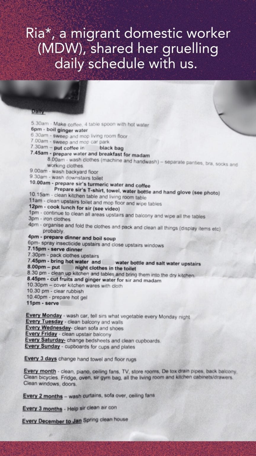 Domestic helper in S'pore shares detailed 17-hour work schedule with ...