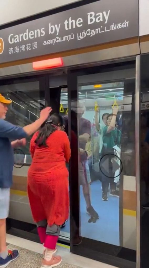 Woman's walking stick gets stuck between MRT train doors, squeezes her ...