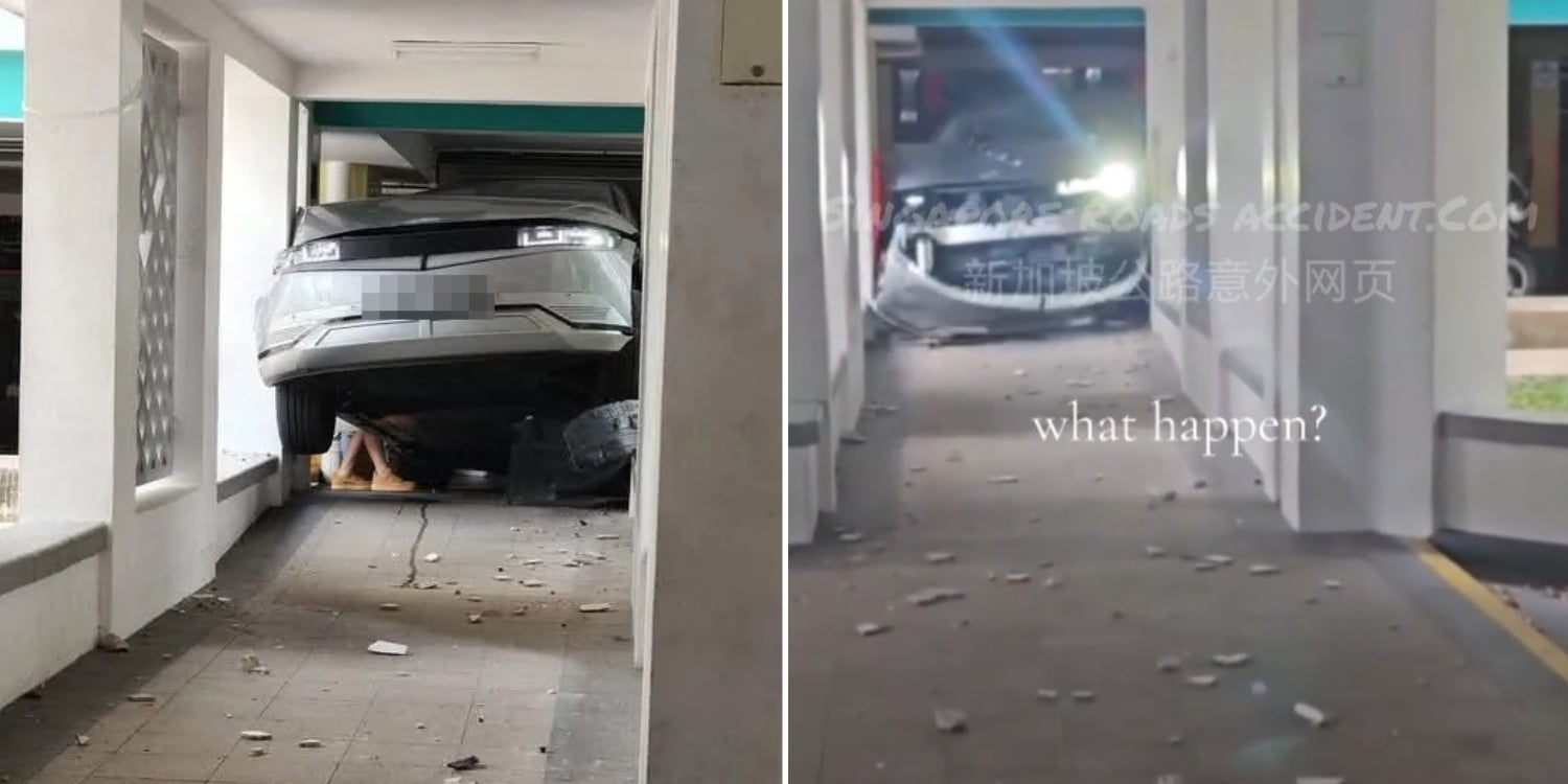 Car crashes into pedestrian walkway in Toa Payoh car park, gets stuck in corridor