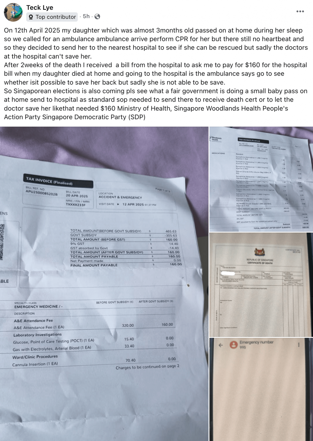 Father in S'pore questions S$160 hospital bill after baby dies at home ...