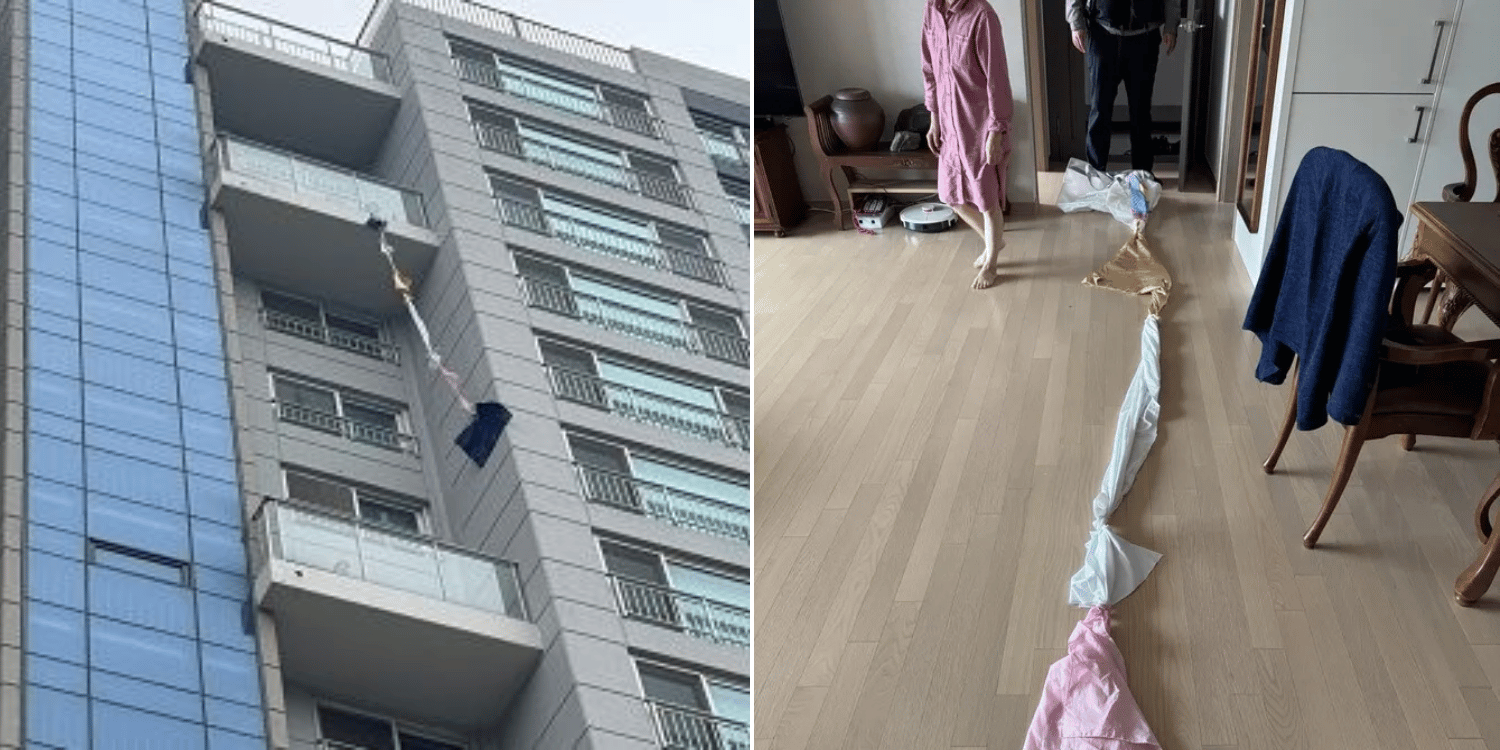 Elderly woman in Korea dangles rope made of clothes after getting stuck ...