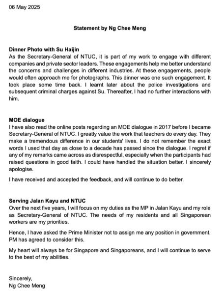 Ng Chee Meng addresses dinner photo with Su Haijin, apologises over MOE ...