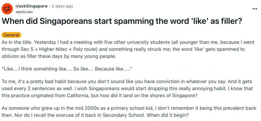 Redditor questions rise of 'like' as a filler in S'porean conversations ...