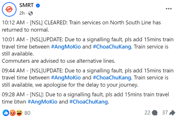 SMRT North-South Line suffers signalling fault during morning peak hour ...