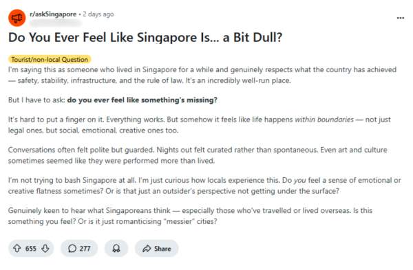 Foreigner calls S'pore 'a bit dull', netizens say boring people get bored