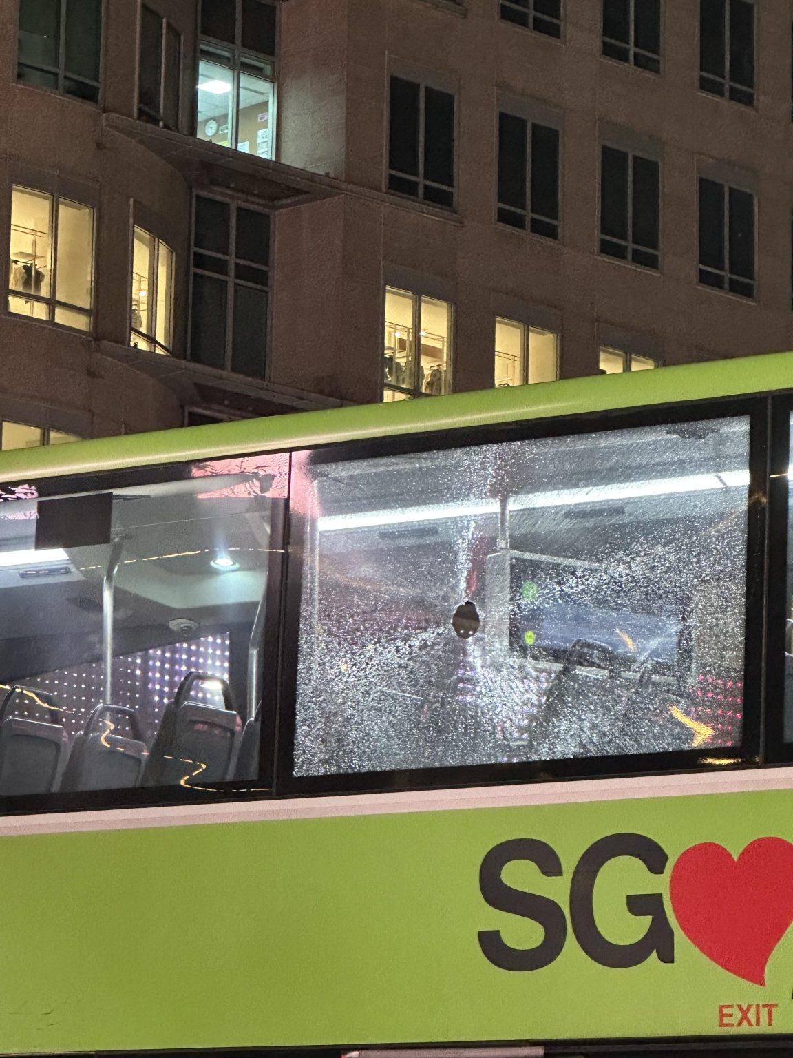 Double-decker bus spotted with hole in glass window at Orchard Road, 1 ...