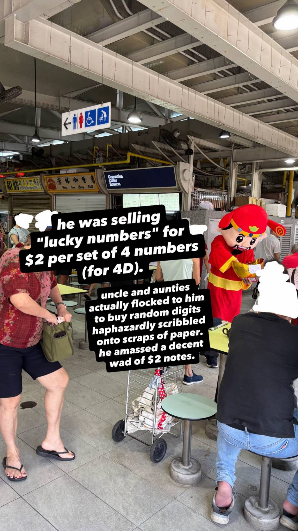 Cai Shen Ye mascot selling S$2 lucky numbers to elderly at Boon Keng ...